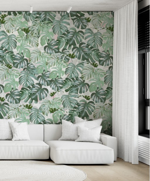Zielona tapeta Monstera, tapeta w duże liście roślin tropikalnych