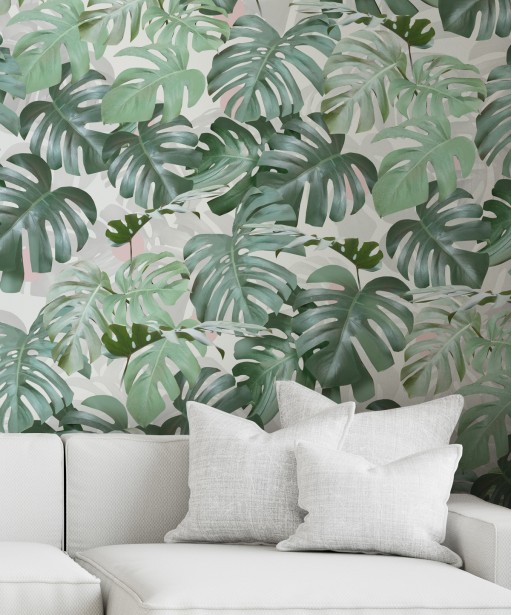 Zielona tapeta Monstera, tapeta w duże liście roślin tropikalnych